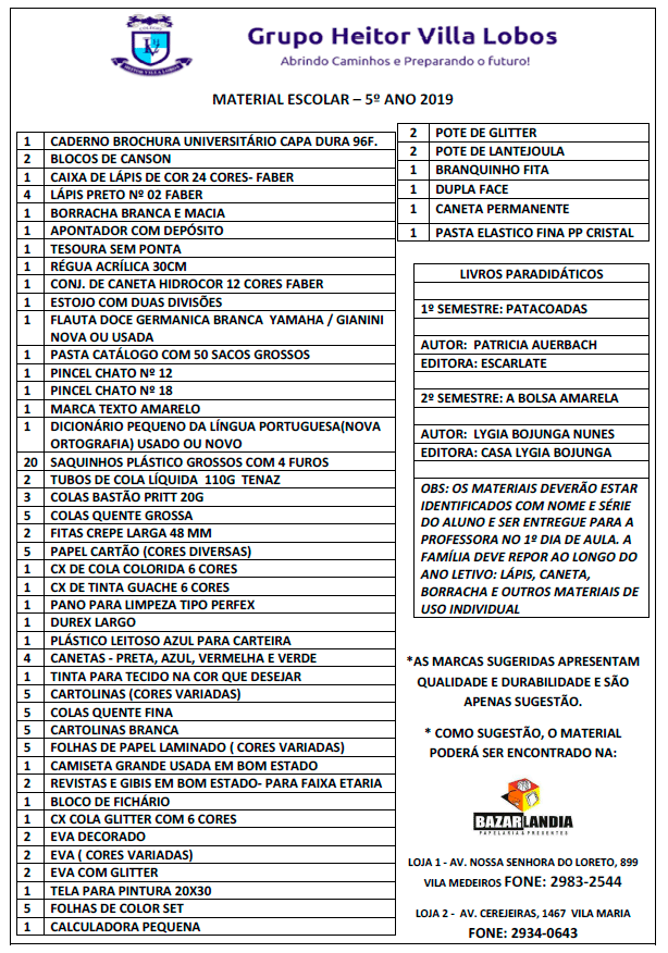 Lista De Material Escolar 2019 5º Ano Colégio Heitor Villa Lobos